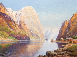 Hans Fenger: A Norwegian Fjord with a steamer [51044]