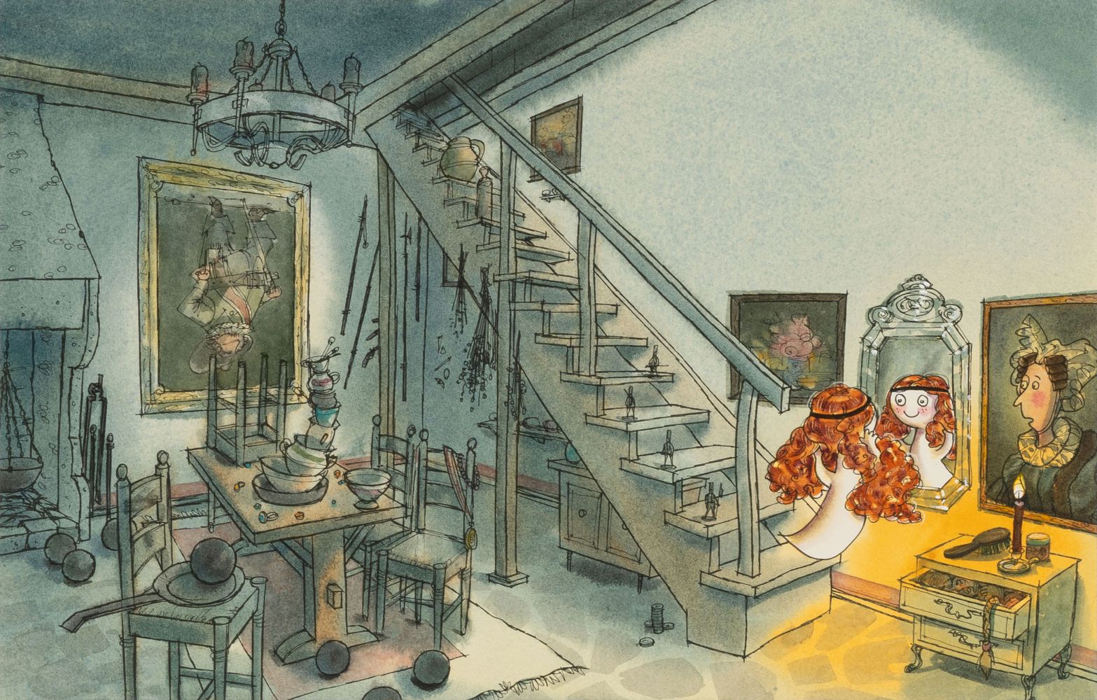 Daniel Napp: Drei Aquarelle: Das Kleine Gespenst - Tohuwabohu auf Burg ...